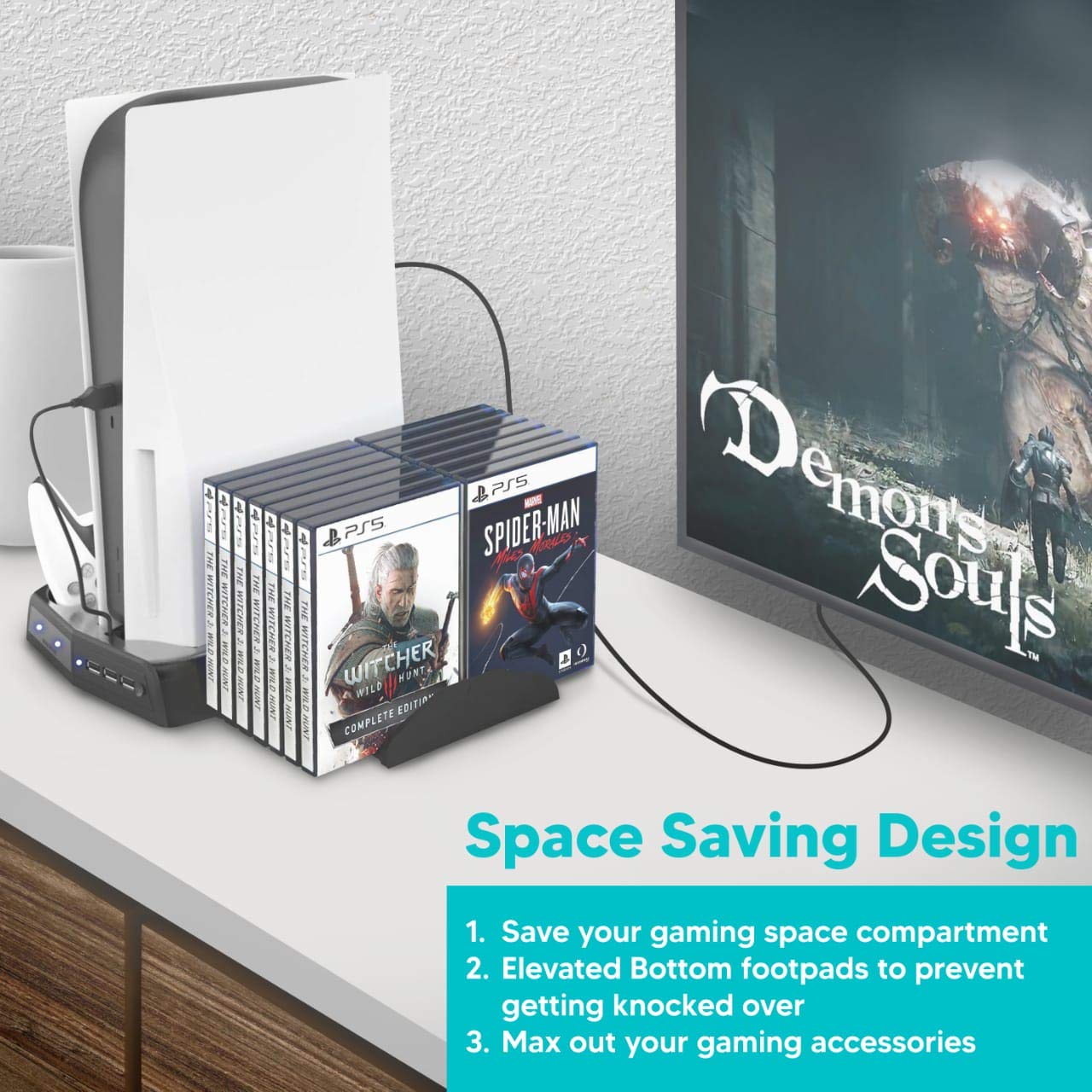 PS5 ALL-IN-ONE Cooling Fan Stand Accessories with Game Storage for SONY PlayStation 5 Standard / Digital Edition Vertical Console, 3 USB Ports, Dual Fast Charger DualSense Controller Station by LIVIOR