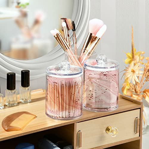 xigua Pink Marble Qtip Holder Dispenser,2 Pack Storage Canister Clear Plastic Jar with Lids for Cotton Ball,Cotton Swab -- 10 Oz#62