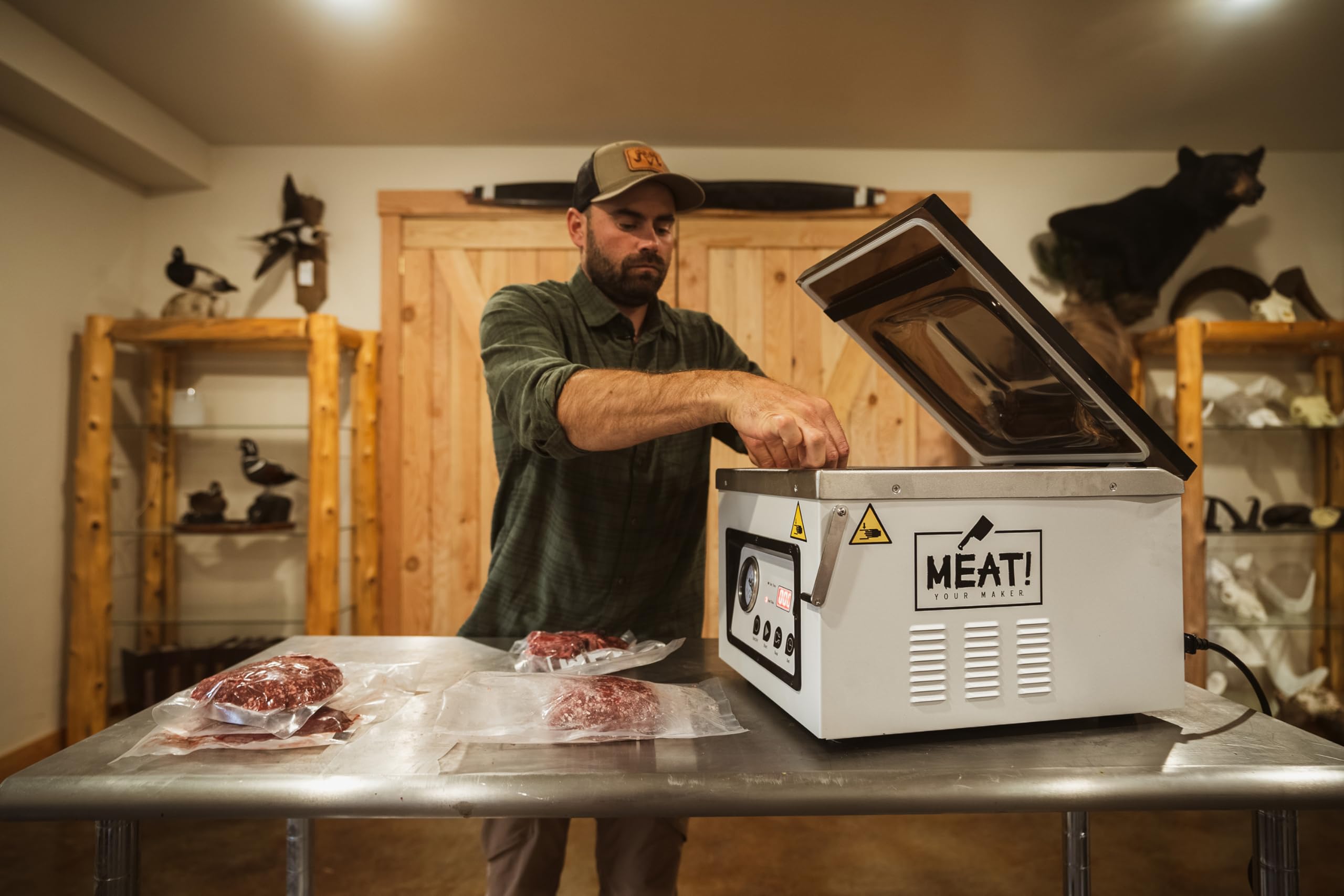 MEAT! Chamber Vacuum Sealer with 12" Sealing Bar, Adjustable Seal Time, Vacuum Gauge, and Vacuum Bag Sampler Pack for Preserving Meat and Vegetables