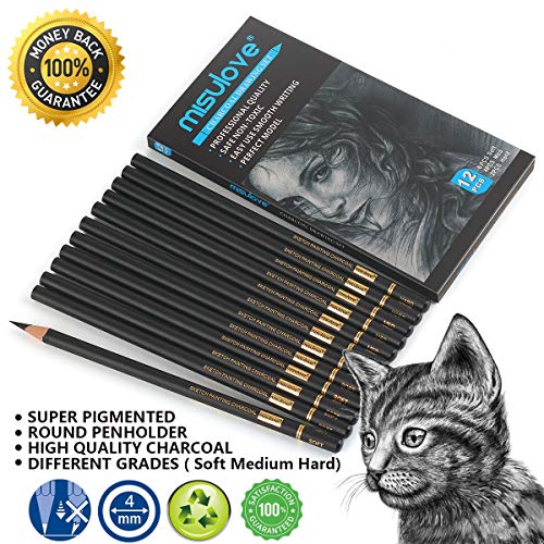 MISULOVE Professional Charcoal Pencils Drawing Set - 12 Pieces Soft Medium and Hard Charcoal Pencils for Drawing, Sketching, Shading