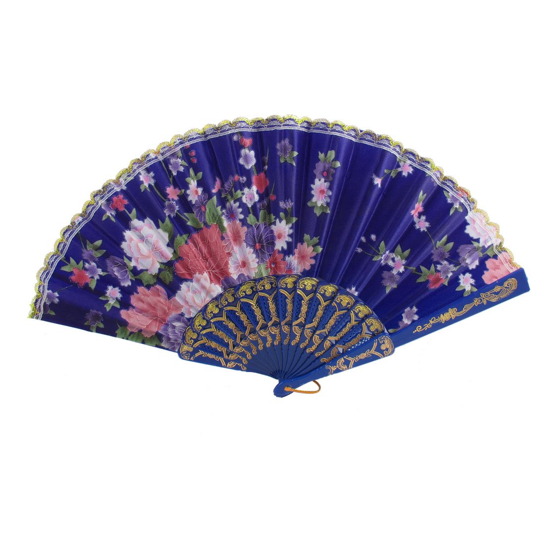 Qtqgoitem Lady Peony Printed Wedding Bridals Folded Hand Fan Dark Blue Gold Tone (model: aaf e8c 2bf d2e 523)