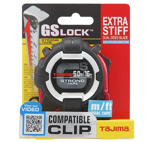 TAJIMA Tape Measure - 16ft/5m x 1in GS-Lock Measuring Tape with Compatible Clip & Hook - GS-C16/5MBW