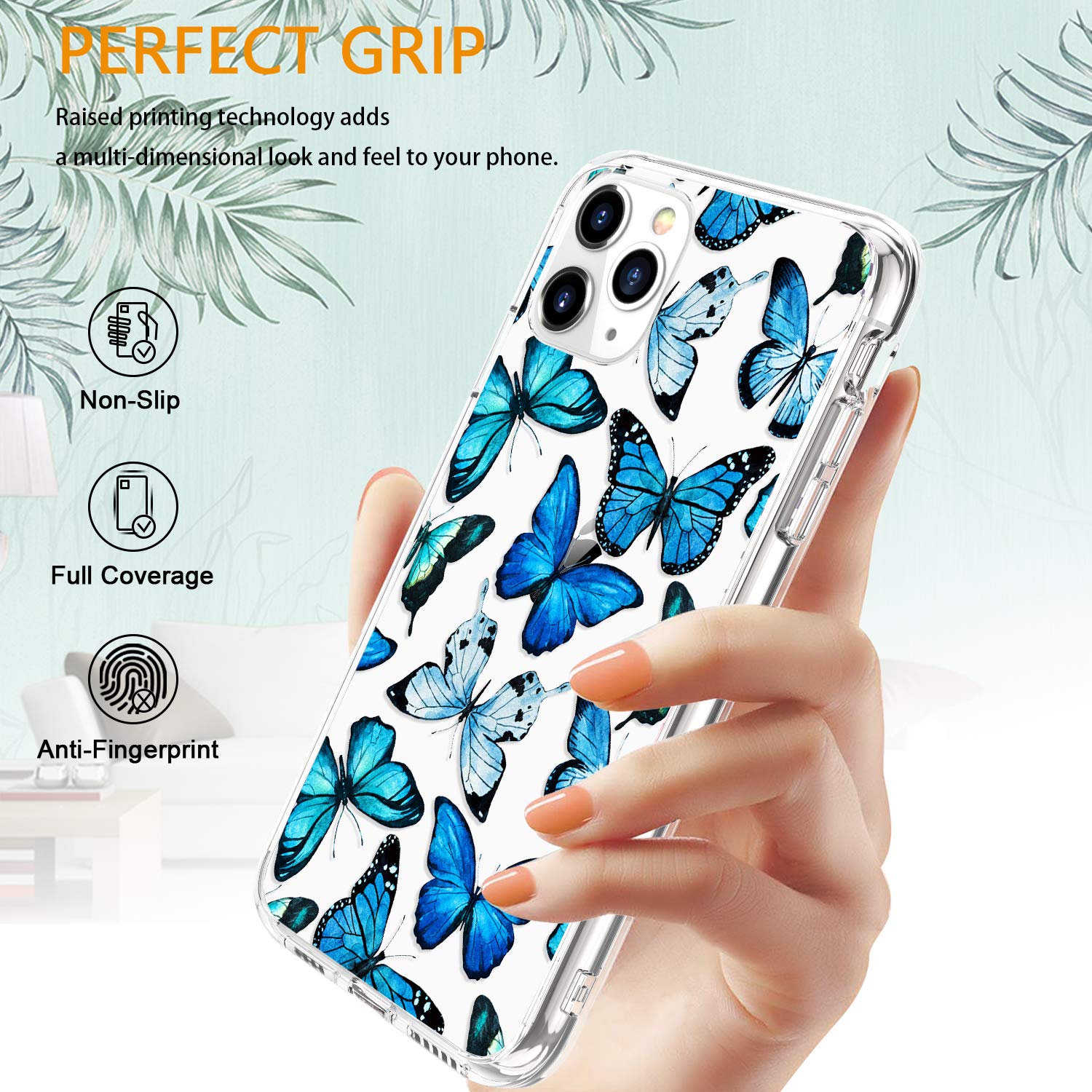 LUHOURI Designed for iPhone 11 Pro Max Case with Screen Protector - Slim Fit, Sturdy Clear Acrylic Cover for Women and Girls - Protective Phone Case 6.5" - Floral Blue Butterflies