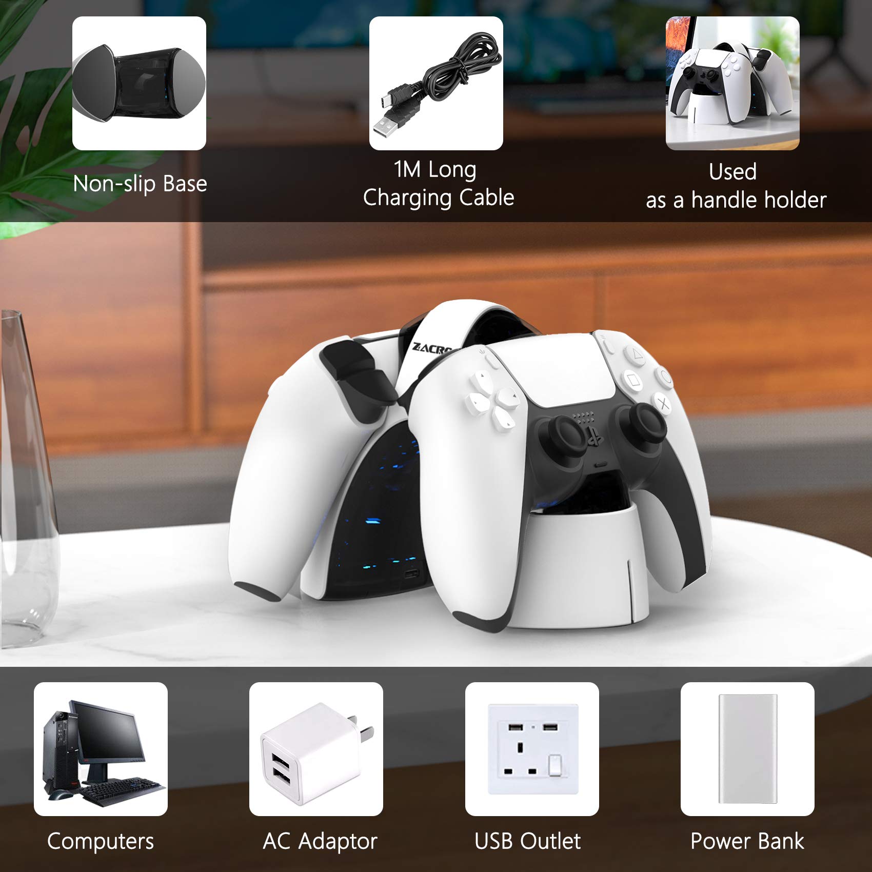 PS5 Controller Charger, Zacro PS5 Charger Dual USB Fast Charging for Sony Playstation 5/PS5 Controller, Controller Charger Dock Station with LED Indicator, White