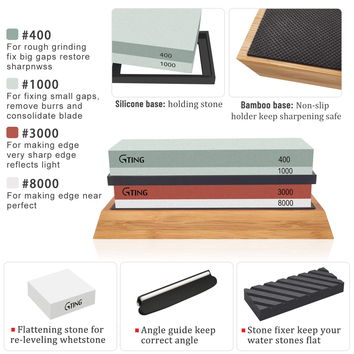 Sharpening Stone Whetstone Knife Sharpener, G-TING 400/1000 and 3000/8000 Grit Knife Sharpening Kit Wet Stone with Flattening Stone, Angle Guide, Non Slip Bamboo Base for Kitchen Knives, Pocket Knife
