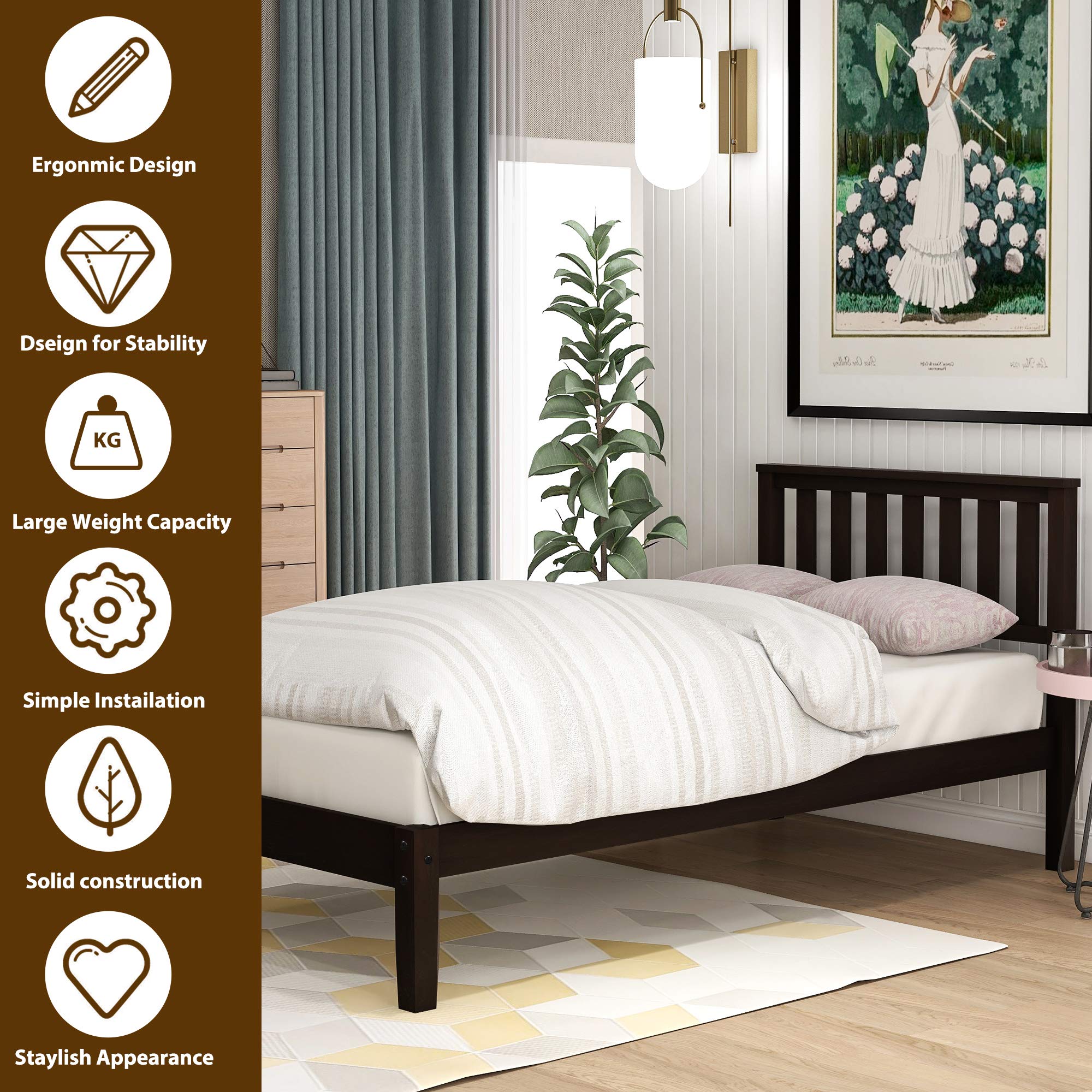 Merax Twin Bed Frame, Platform Bed Twin Size, Wood Platform Bed with Headboard and Wood Slat Support, No Box Spring Needed (Espresso, Twin)