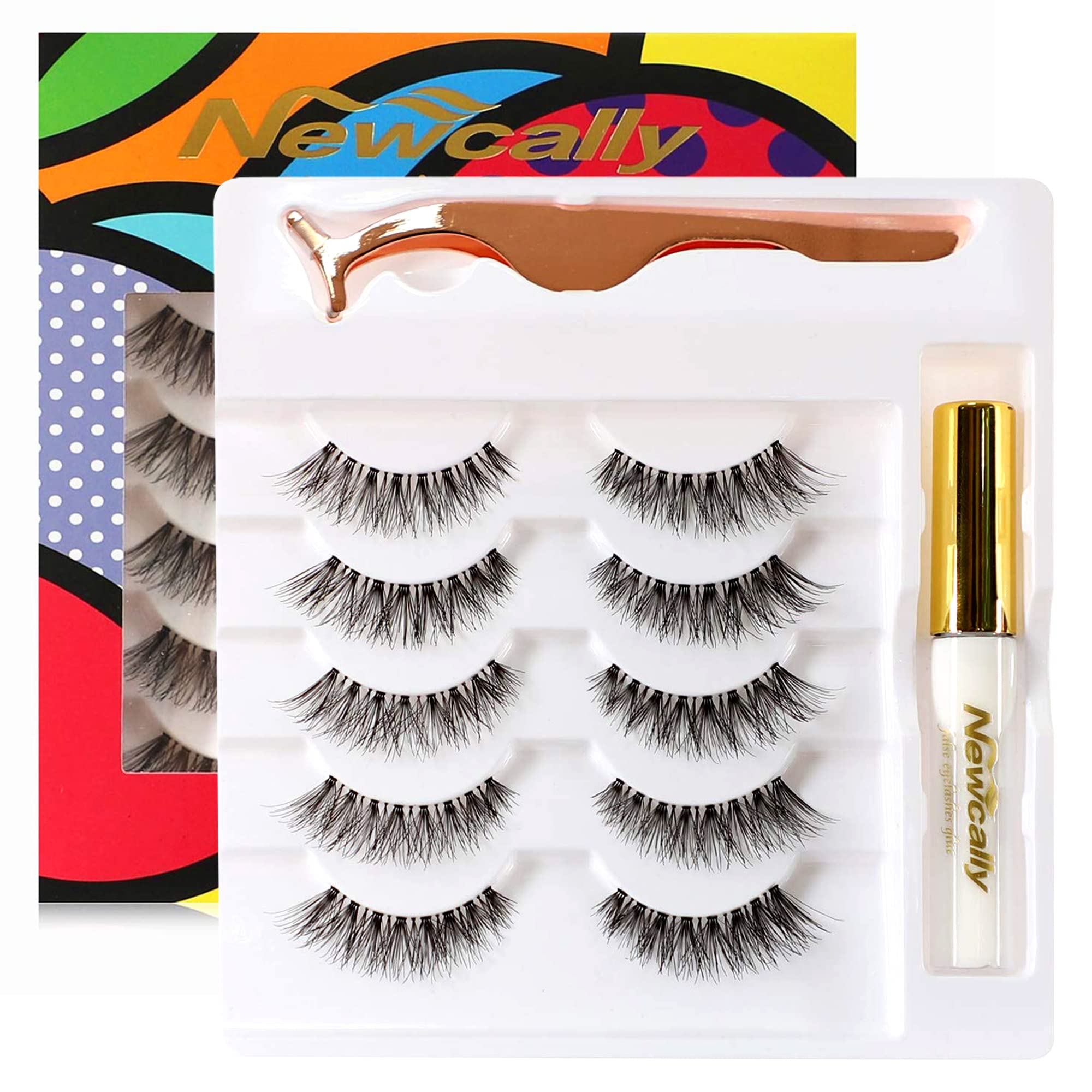 Newcally Lashes Wispy Fake Eyelashes with Glue Set 5 Pairs Natural 3D False Lashes Fluffy Volume Long Strip False Eye Lashes Handmade Luxurious Fake Lashes Pack