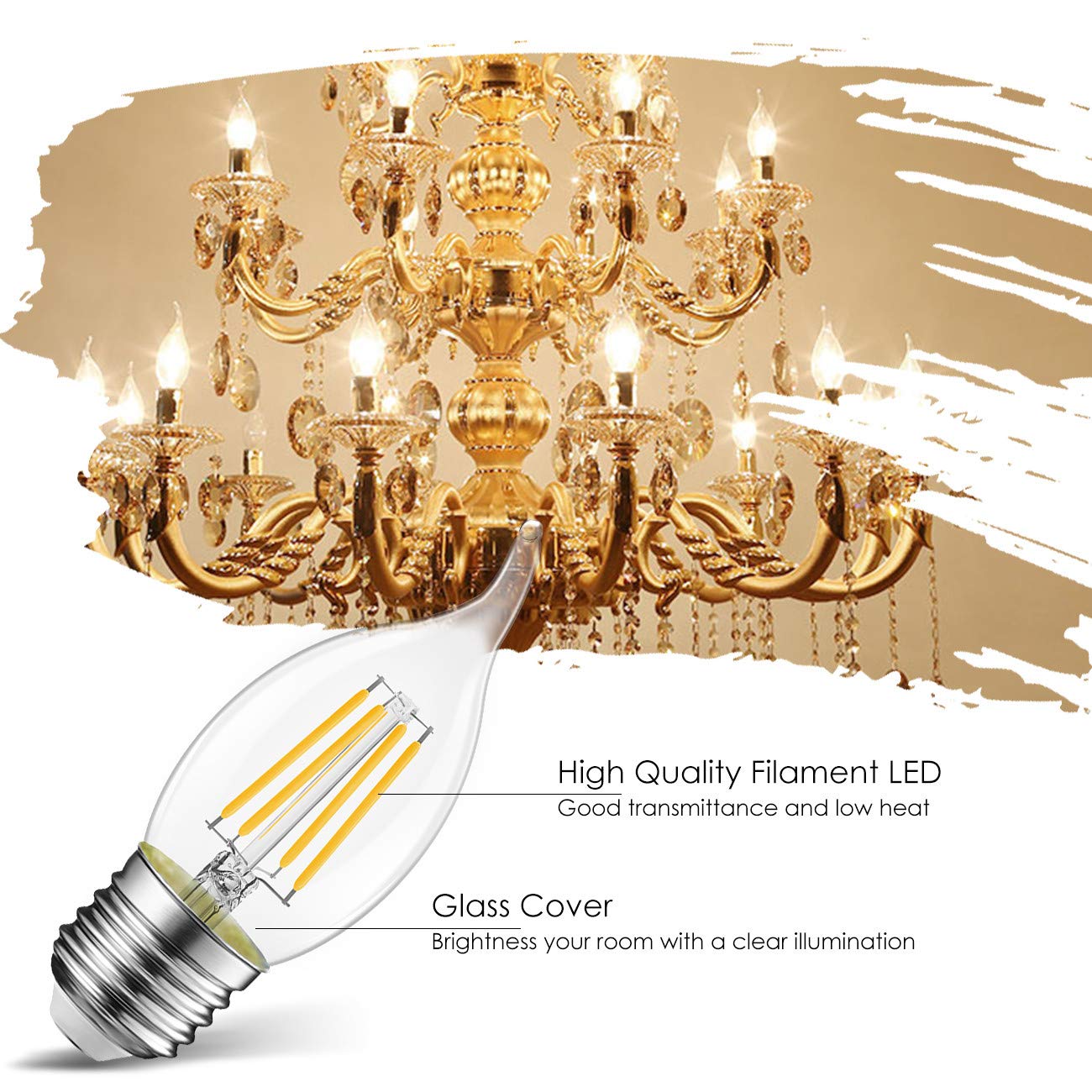 LVWIT Flame Tip LED Filament Bulb Candelabra E26 Base Dimmable 4.5W (60W Equivalent) B11 Chandelier Candle Light Bulb,2700K Warm White 6-Pack