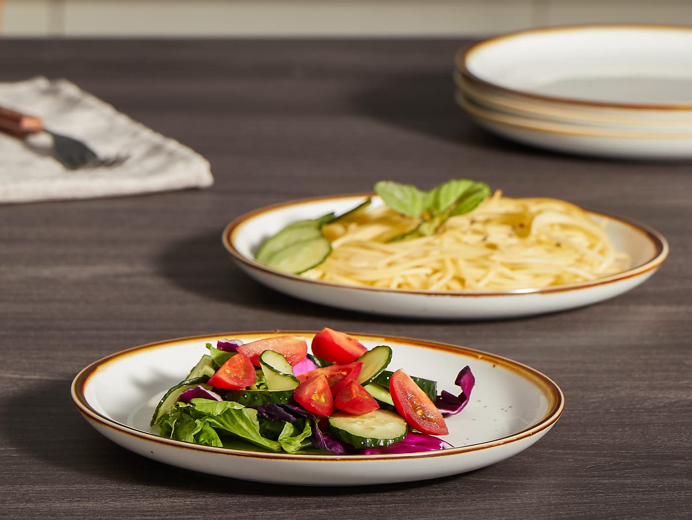 ONEMORE 30 oz Pasta Bowls and 8.5 inch Salad Plates Bundle - Microwave, Oven and Dishwasher Safe - White