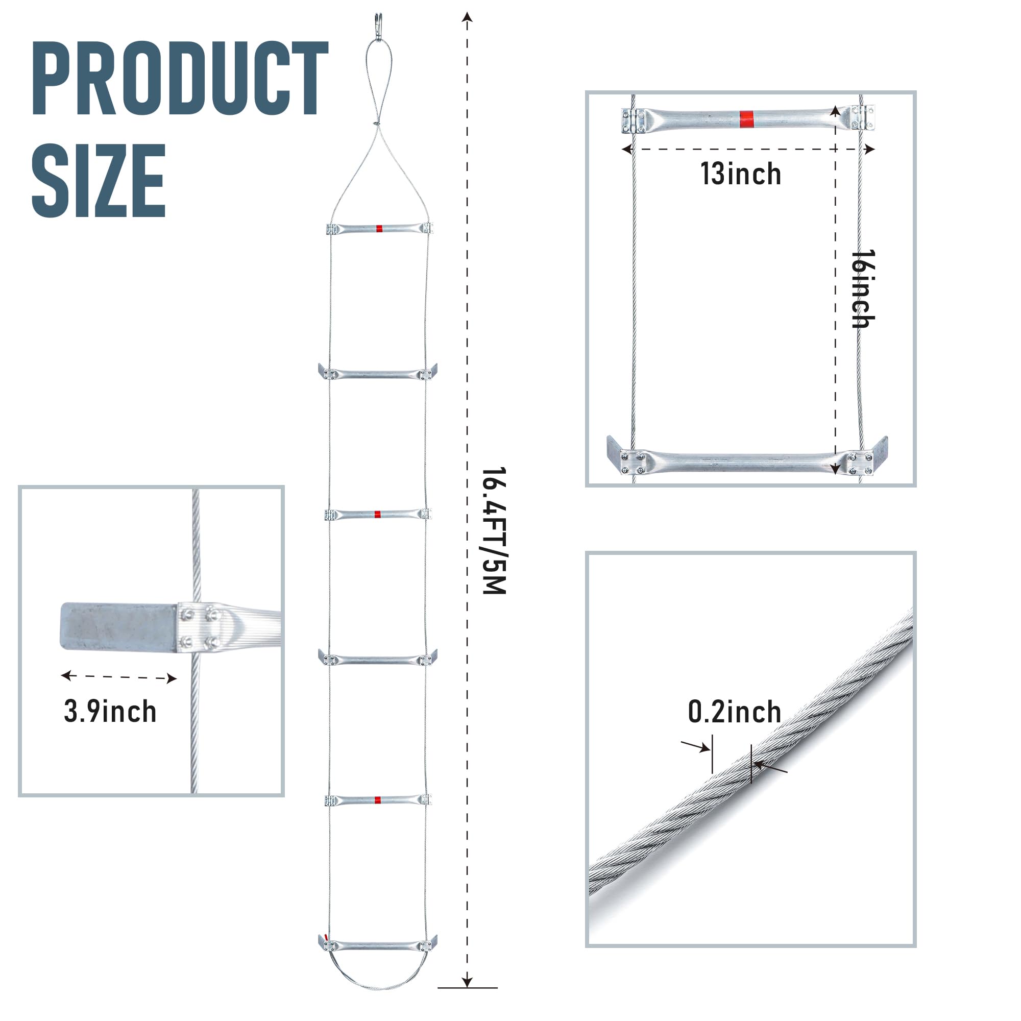 ybaymy Fire Escape Ladder,Emergency Fire Escape Ladder 2 Story 16.4FT with 2 Hooks Homes Reusable Compact & Portable External Ladder for Windows and Balcony(Aluminum Alloy)