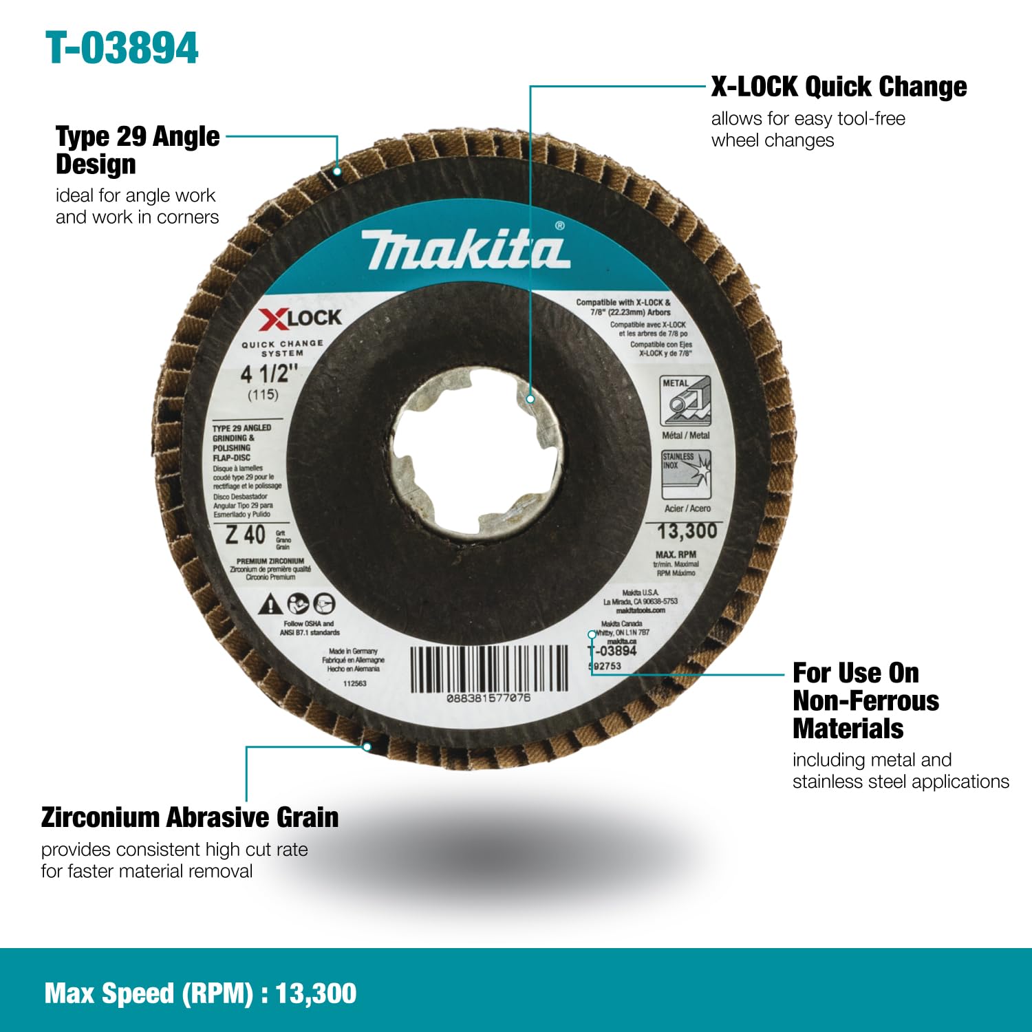 Makita T-03894 X-LOCK 4β1/2" 40 Grit Type 29 Angled Grinding and Polishing Flap Disc for X-LOCK and All 7/8" Arbor Grinders
