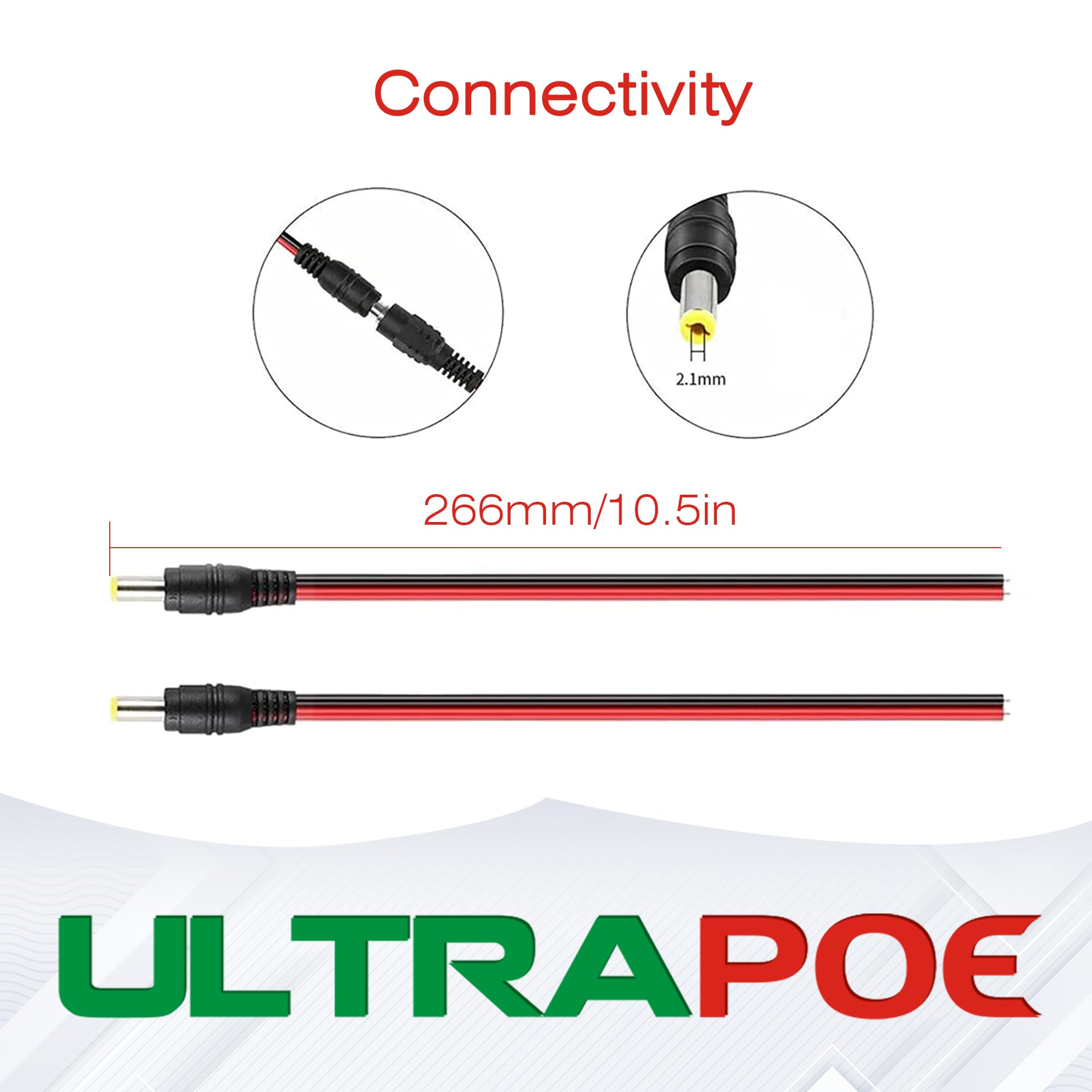 UltraPoE DC Power Cable Connectors 18AWG Copper Strands 12V 5A Plugs Male Female DC Connectors, for CCTV Security Camera Pigtail and Lighting Power Adapter (2.1mm x 5.5mm 10 Pairs Ultra Thick)