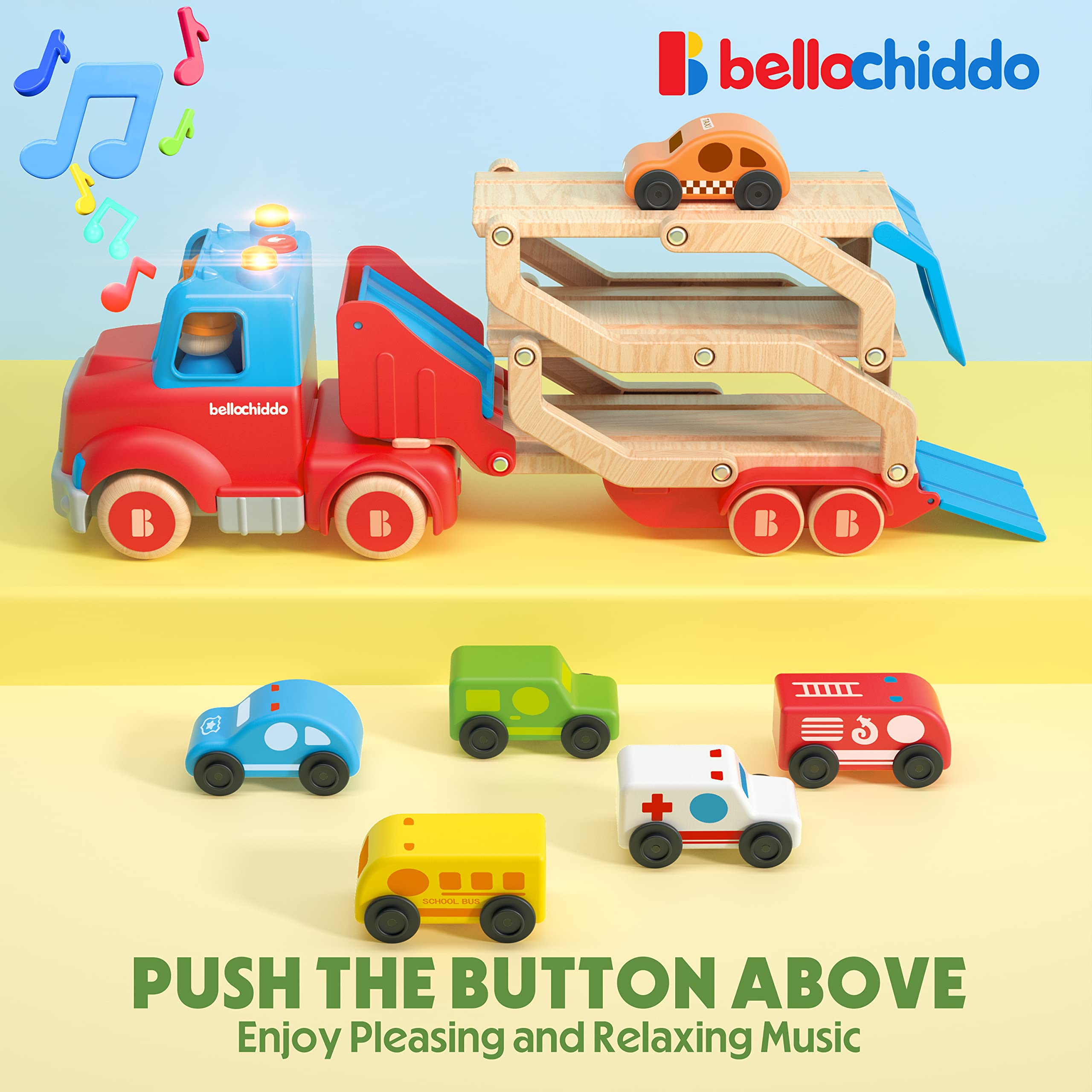 Transformable 3-Layer Wooden Car Carrier Truck Toy with Lights & Sounds - Car Toys for Kids