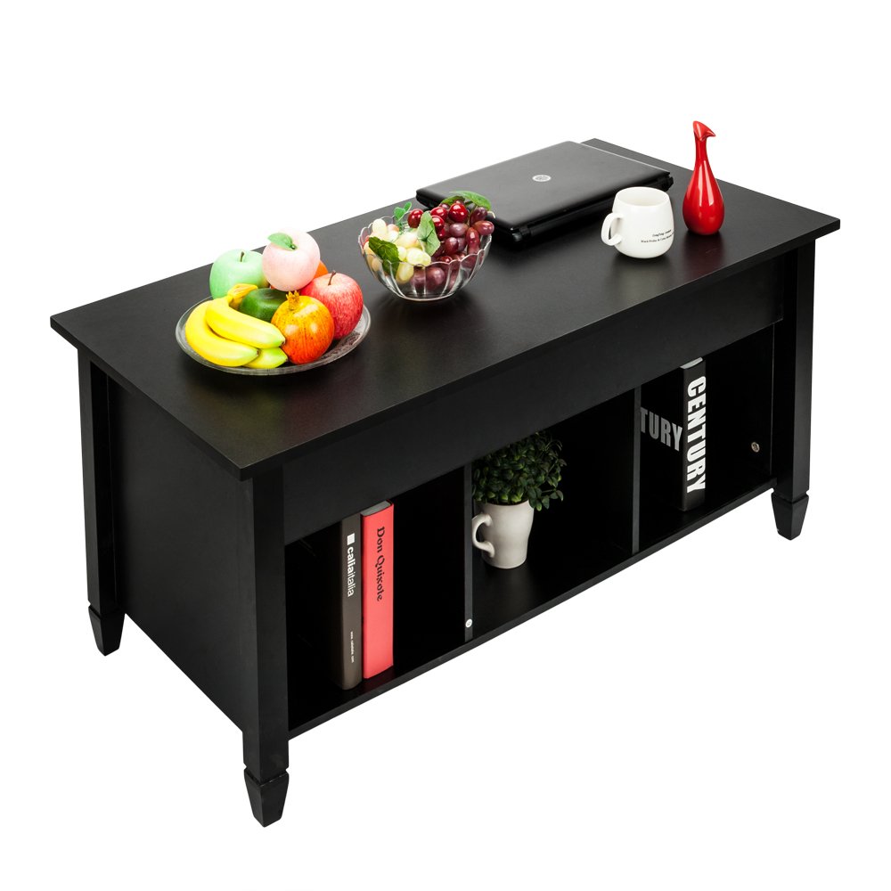 mecor Lift Top Coffee Table with Hidden Compartment and Storage Shelf for Living Room, Solid Wood Legs Structure for Home Office, Black