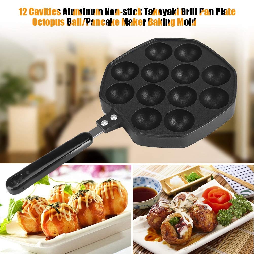 Takoyaki Grill Pan - Cast Iron Takoyaki Pan Octopus Ball Plate Home Cooking Baking Tools Kitchen Accessories with 12 Holes