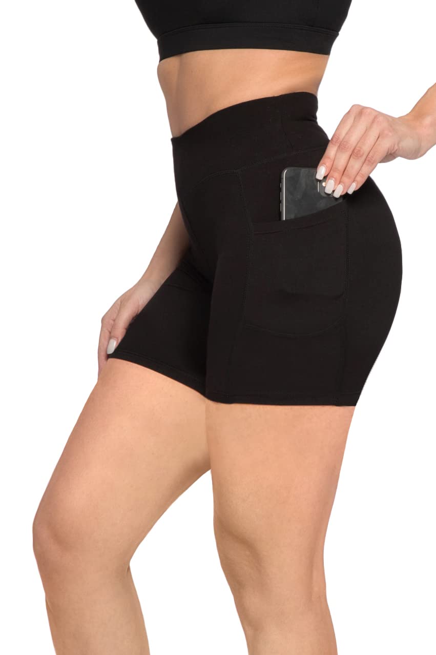 SATINA Womens Biker Yoga Shorts - High Waist with Pockets for Regular & Plus Size Women, 8-Inch, Black, Large