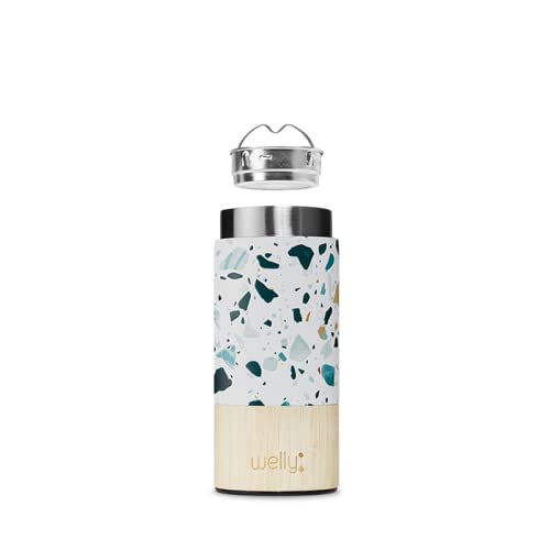 Welly Traveler 12oz | Vacuum Insulated & Infusing Stainless Steel Bamboo Water Bottle | Triple Wall, Wide Mouth, BPA Free (Terrazzo, 12oz)