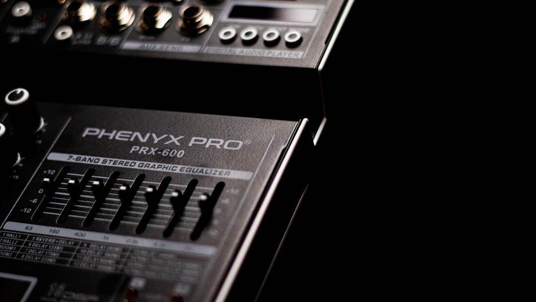 Professional DJ Audio Mixer, Phenyx Pro Sound Mixer, 6-Channel Sound Board Mixer Audio w/Bluetooth & USB Audio Interface, Stereo Equalizer, 16 DSP Effects, 3-Band EQ, For Studio & Stage (PRX-600)