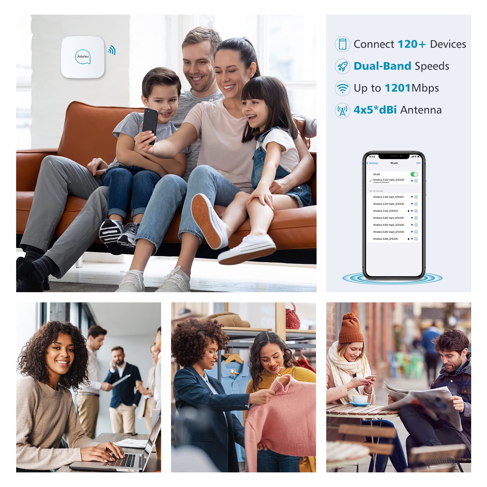 WiFi 6 Access Point, AdaLov 2.4G & 5.8G Dual-Band Wireless Gigabit Access Point, MU-MIMO,802.11ax, 48V PoE Powered,Up to 128 Devices,4x5*dBi Antenna,1 x 1G Ethernet PoE Port