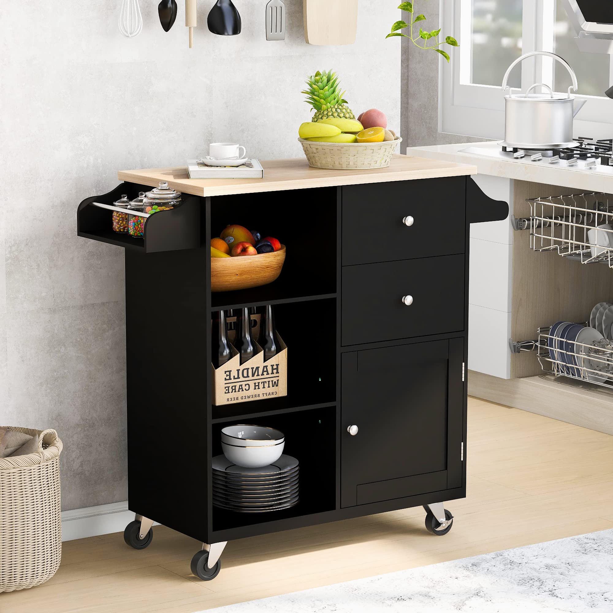 Mobile Kitchen Cart,Sideboard on 4 Wheels with 2 Drawers and 3 Open Shelves,Kitchen Island with Rubber Wood top,Storage Cabinet,Drawer, Spice Rack, Towel Rack, Kitchen Cart for Kitchen (Black)
