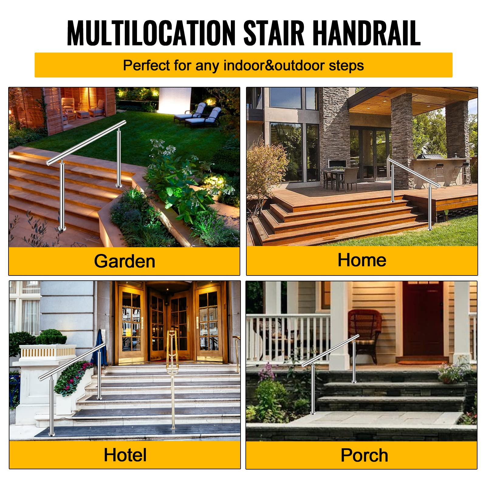 Migoda Stainless Steel Handrail 55’’x34’’ Inch, Silver Stair Handrail 551Lbs Load, Angle Adjustable Hand Rails for Outdoor Steps, Stair Rail Fits 4-5 Steps with Complete Screw Kit