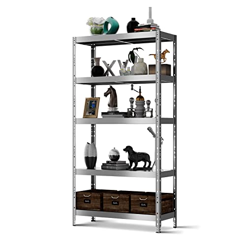 Tangkula Garage Storage Shelves, 5-Tier Metal Shelves for Storage, Shelving Unit with Foot Pads, Heavy Duty Storage Rack, 2866LBS Load Capacity, Bolt-Free Assembly, 39 x 16 x 77 Inches (1, Silver)