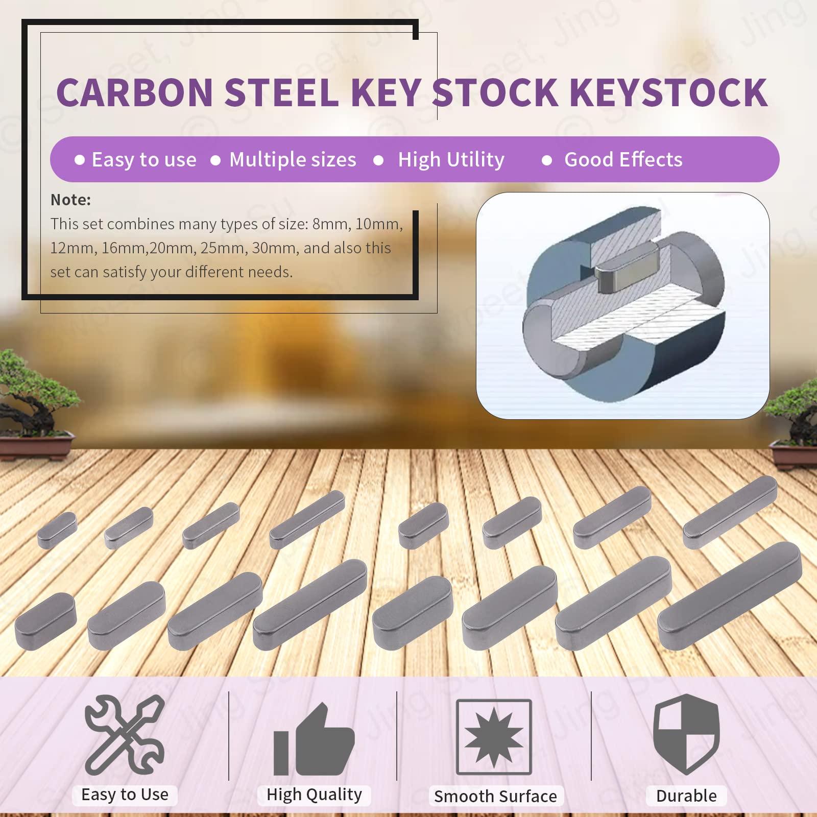 Swpeet 140Pcs 16 Sizes Carbon Steel 3mm 4mm 5mm 6mm Round Ended Feather Key Parallel Drive Shaft Keys Set Key Stock Assortment for Fasteners Mechanical Industry