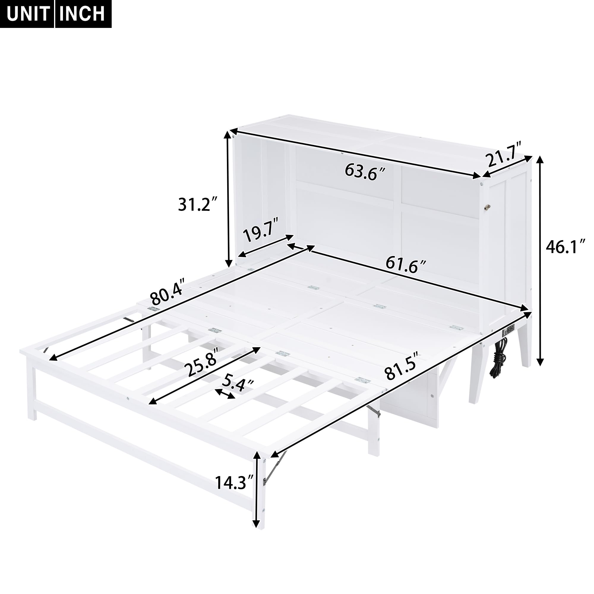 LAVHOME Queen Size Murphy Bed Frame with Built-in Charging Station and a Shelf for Bedroom and Guestroom,Office,White
