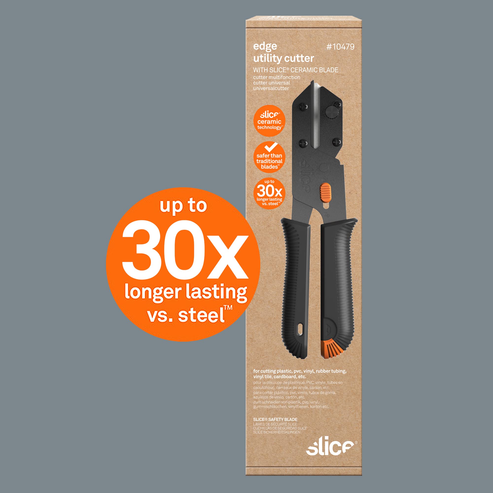 Slice 10479, Edge Cutter, Industrial Grade, Steel Handle, Soft Grips, Ceramic Blade, Finger Friendly, Lasts 11x as Long as Metal, Blade Storage