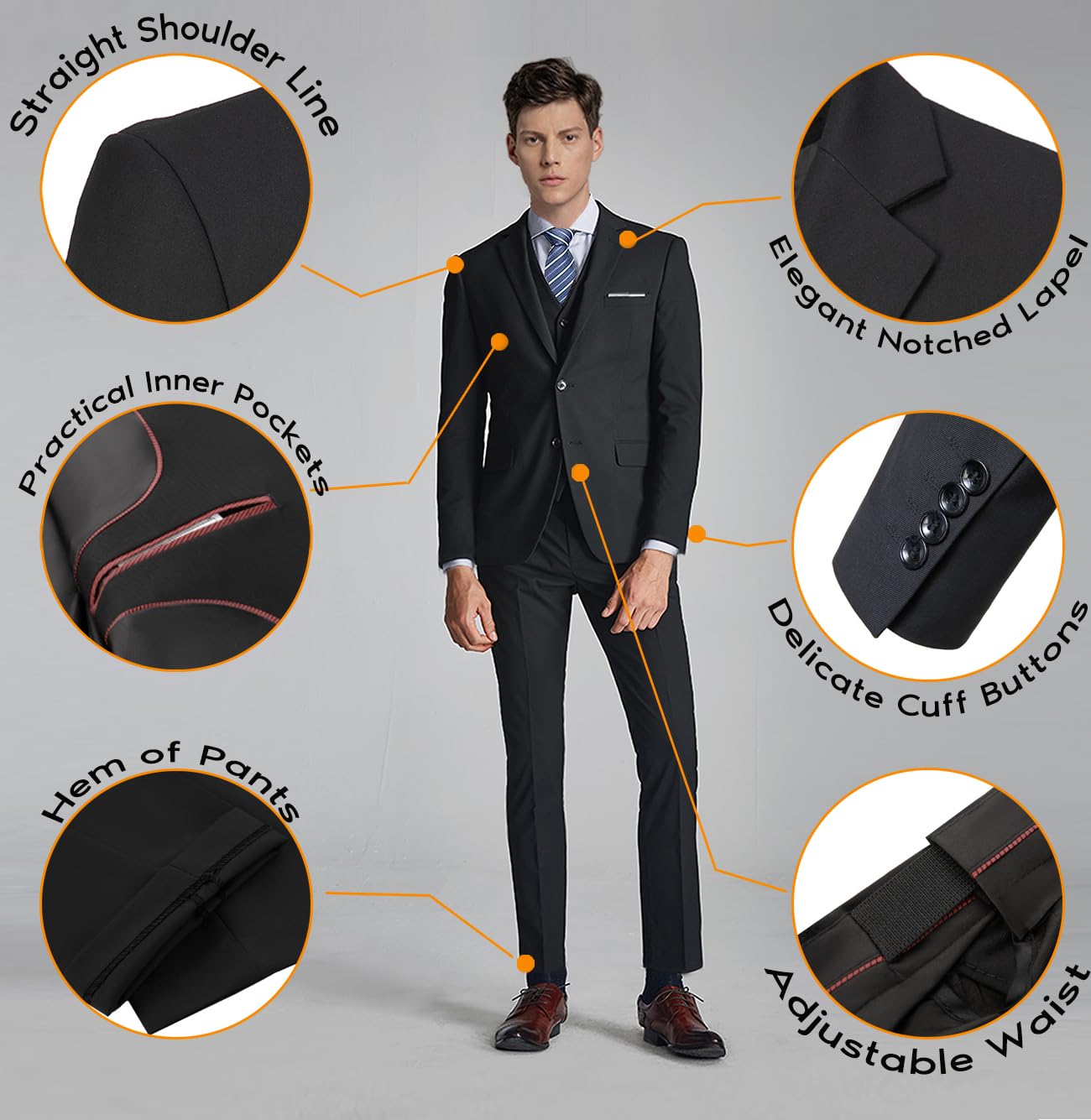 Mens 3 Piece Suit Set,Slim Fit Suits for Men,Solid Jacket,Vest,Pants Tuxedo Black M