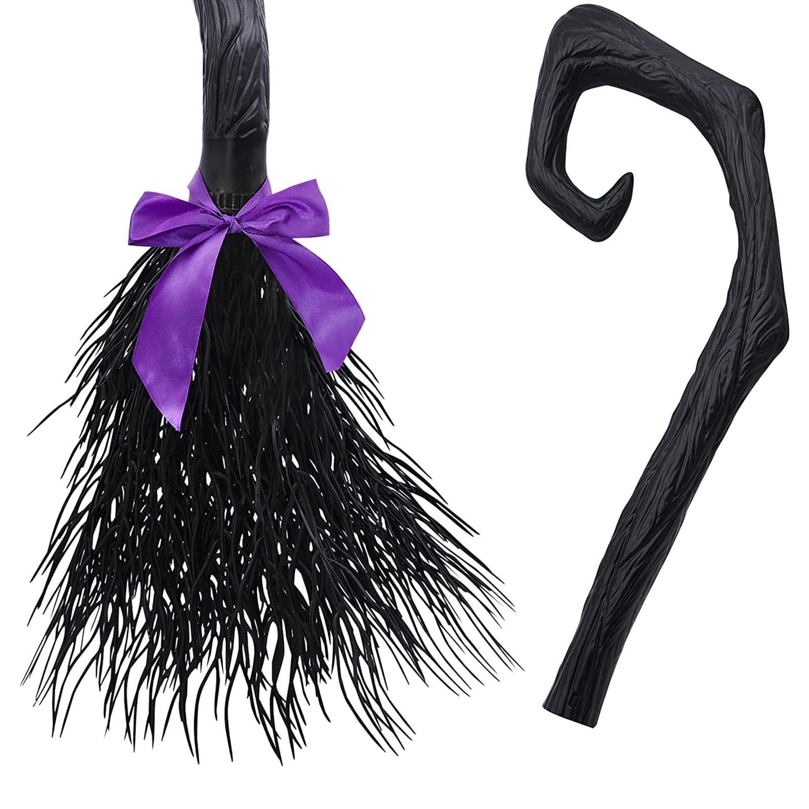 Witch Broom with Ribbon, Halloween Decoration Party Favor Photo Booth Accessories (Black, 130cm*25cm)