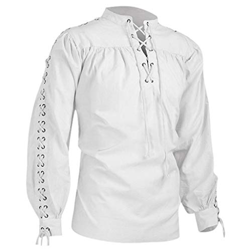 Mens' Medieval Shirt Gothic Elastic Band Adjustable Round Neck & Long Sleeves Man Blouse White