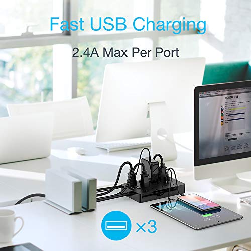 Surge Protector Extension Cord 10 Ft Black, TESSAN Flat Plug Power Strip with 10 Wide-Spaced AC Outlets and 3 USB Ports, 1875W/15A, 1700J Protection, Wall Mount Outlet Strip for Home, Office, School