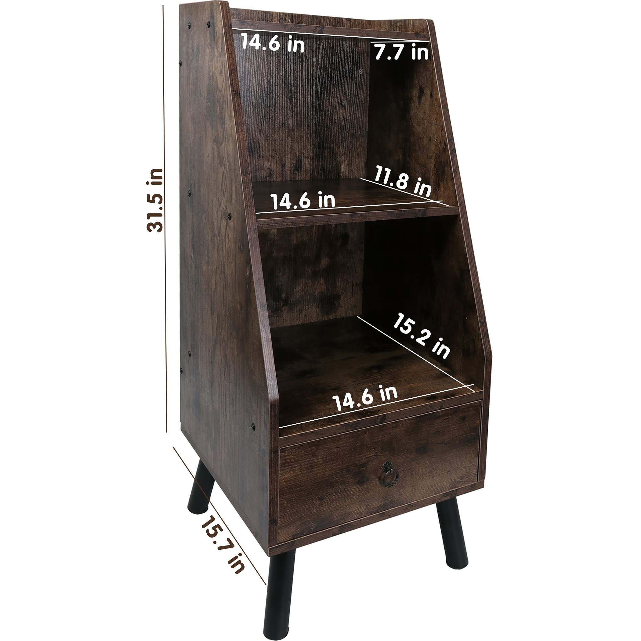 LAVIEVERT 3-Tier End Side Table Nightstand with Drawer, Bookcase Bed Side Table Storage Cabinet for Bedroom, Living Room Home & Office - Rustic Brown