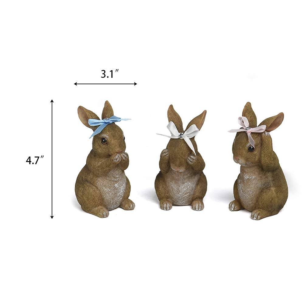 Newman House Studio Bunny Decor Home Rabbit Statue - Easter Decorations Hear See Speak No Evil Bunny Figurines 3pc Brown Ears with Bows Desk Table Shelf Decor Accents for Home 3 x 2.25 x 4.5 Inch