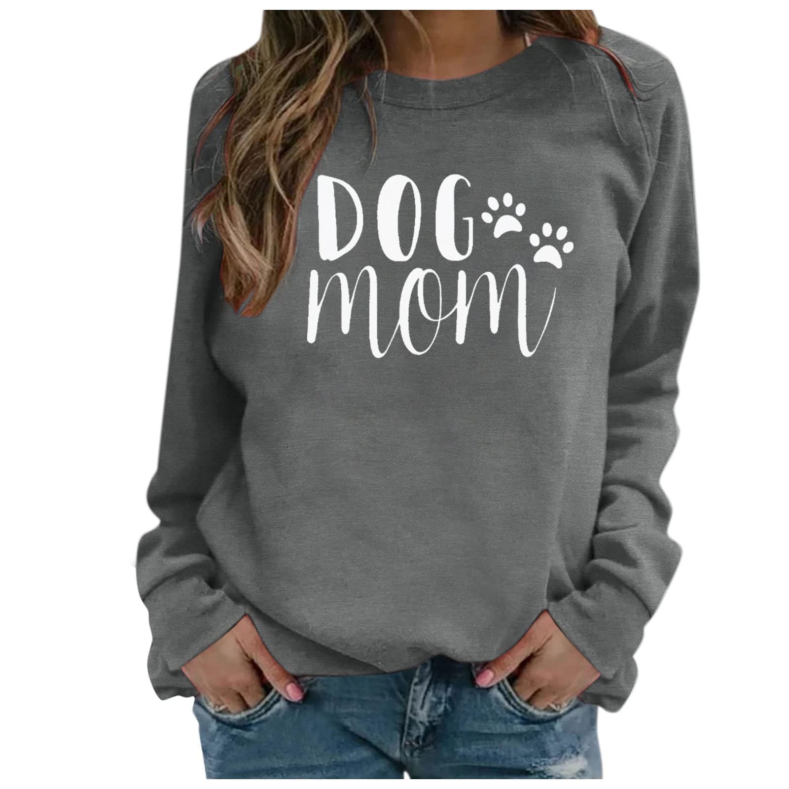 MOUSYA Women Dog Mom Sweatshirt Dog Mama Pullover Cute Dog Paw Graphic Tee Funny Letter Print Long Sleeve Shirt (Small, C_dark Grey)