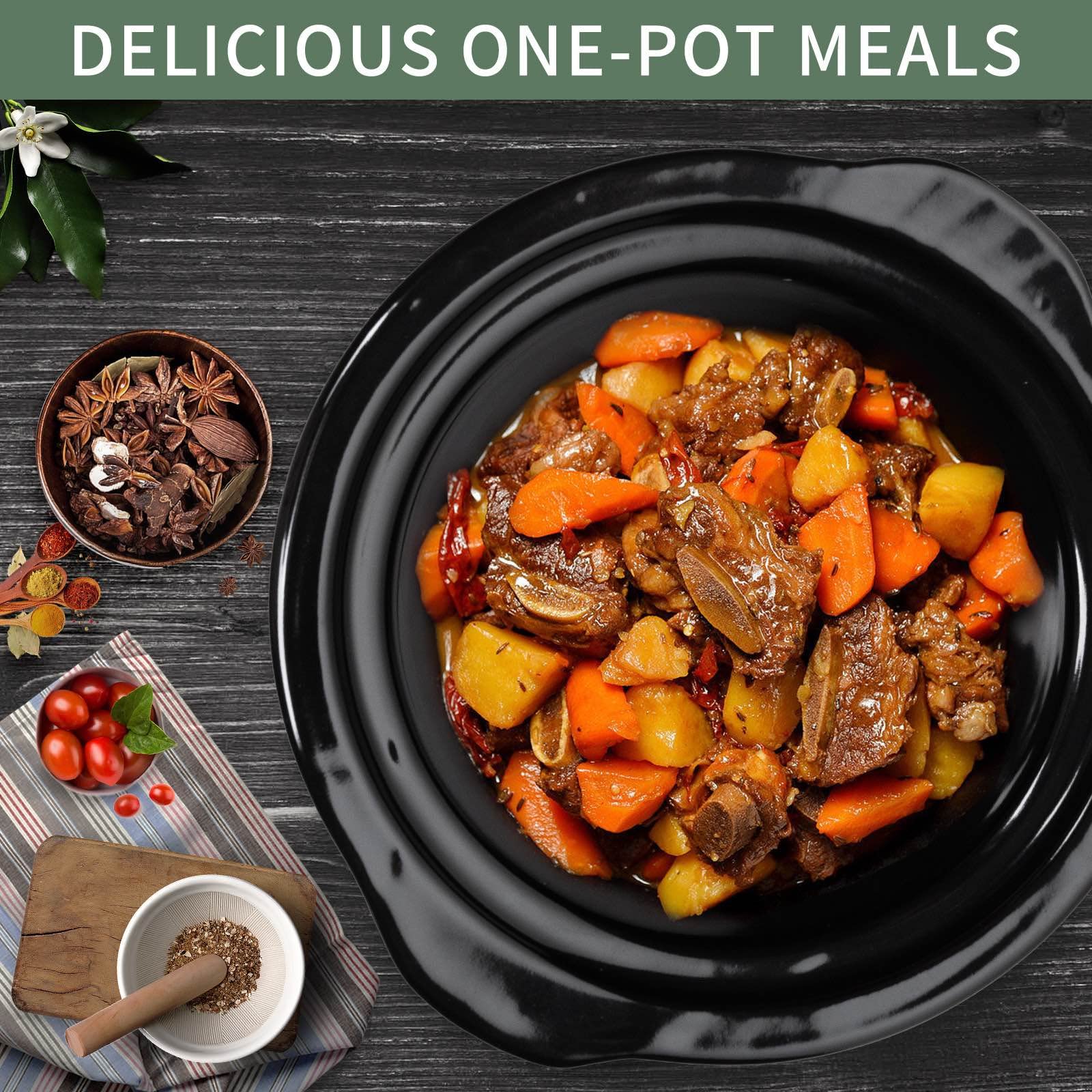 RUNHU Slow Cooker, 1.5-Quart Ceramic Pot with Auto Warm and Adjustable Temp, Entrees, Sauces, Stews & Dips, Dishwasher Safe, Nutrient Loss Reduction, Round, Stainless Steel