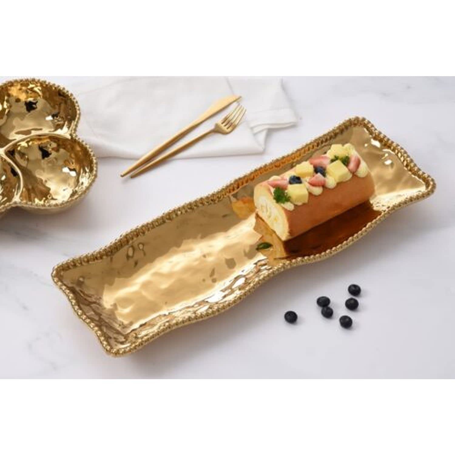 Pampa Bay Titanium-Plated Porcelain Rectangular Serving Piece, 19 x 6.5 Inch, Gold Tone, Oven, Freezer, Dishwasher Safe