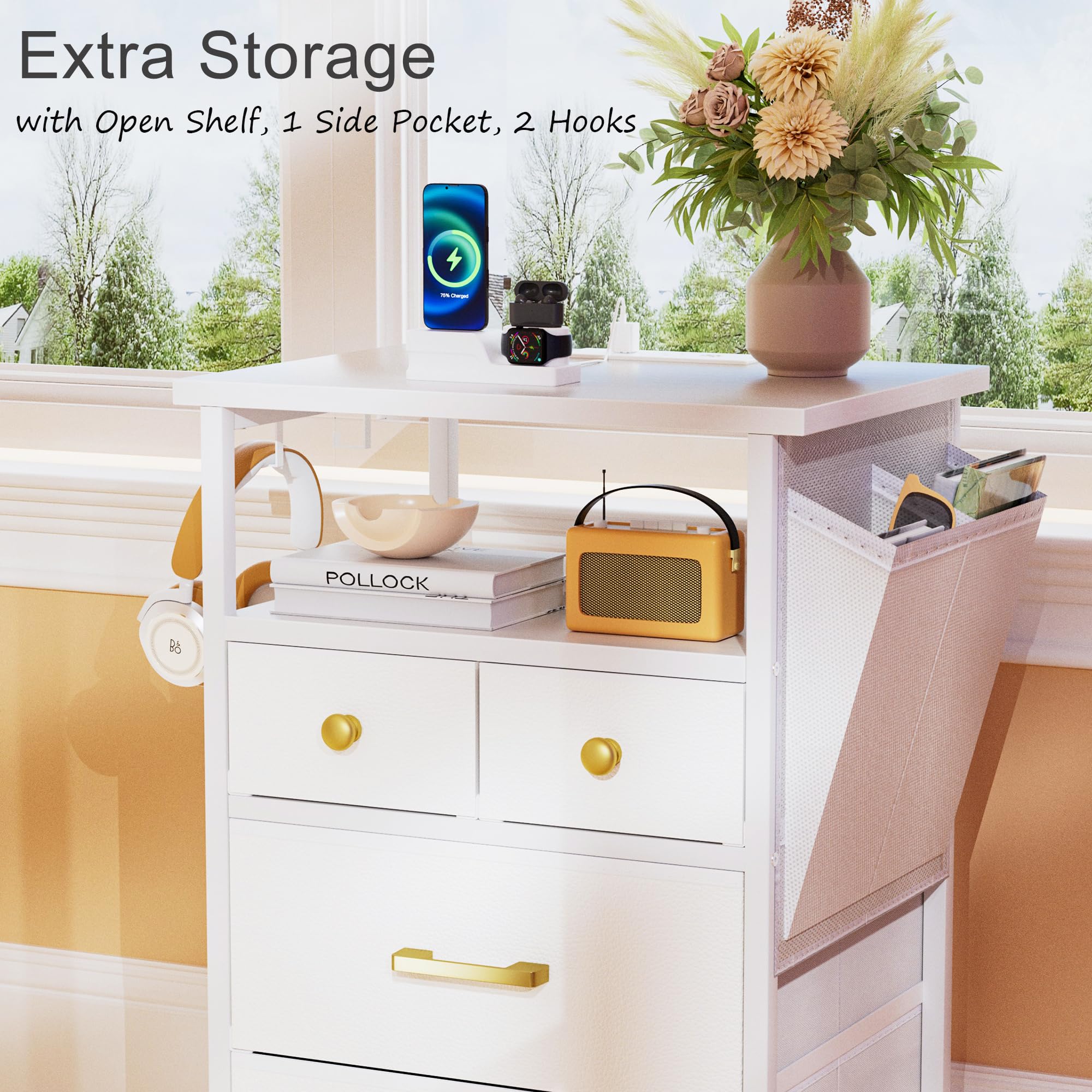 YIPPPPE White Nightstand with Charging Station, Led Night Stand, Bedside Table with 4 Drawers & Storage Shelf for Bedroom Dorm Small Space, 2 Hooks and 1 Side Pocket, White