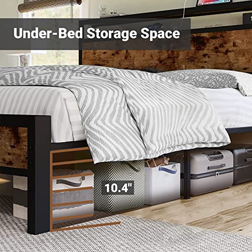 Zevemomo Queen Bed Frame with 2-Tier Storage Headboard and Power Outlets, USB Ports Charging Station, Heavy Duty Metal Platform Bed Frame 800 LBS Weight Capacity, Noise-Free & No Box Spring Needed