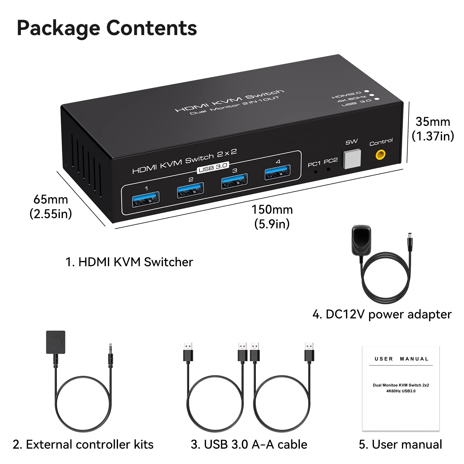 USB 3.0 HDMI KVM Switch 2 PC 1 Monitor Support 4K@60Hz KVM Switches for 2 Computers Share Single Monitor and 4 USB Devices Such as Keyboard Mouse Printer. 12V/1A DC Adapter and Wired Controller Includ