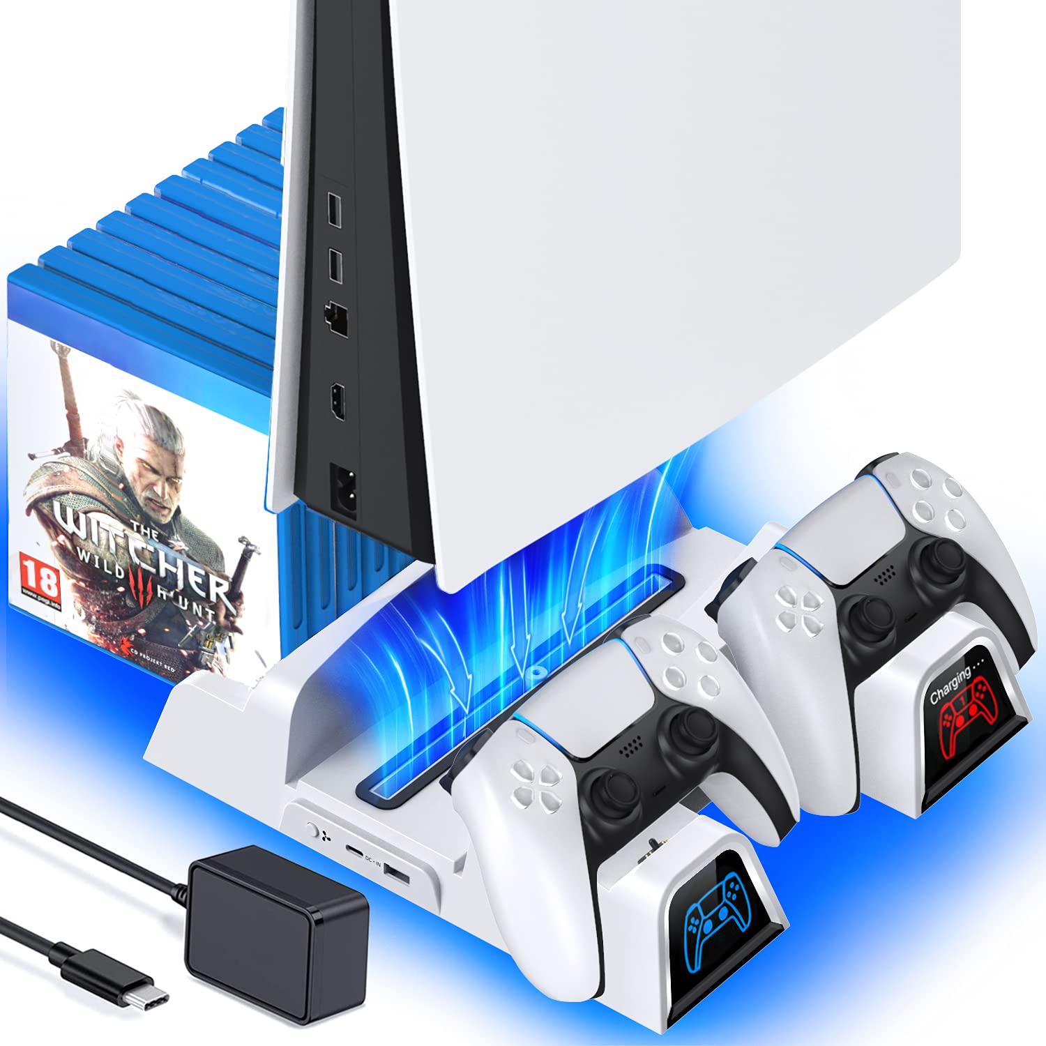 PS5 Stand Cooling Fan with Dual PS5 Charging Station for Playstation 5 Console,OIVO Suction ps5 Cooling Station & PS5 Controller Charger with Fast Charging AC Adapter,12 Game Slots ps5 Accessories
