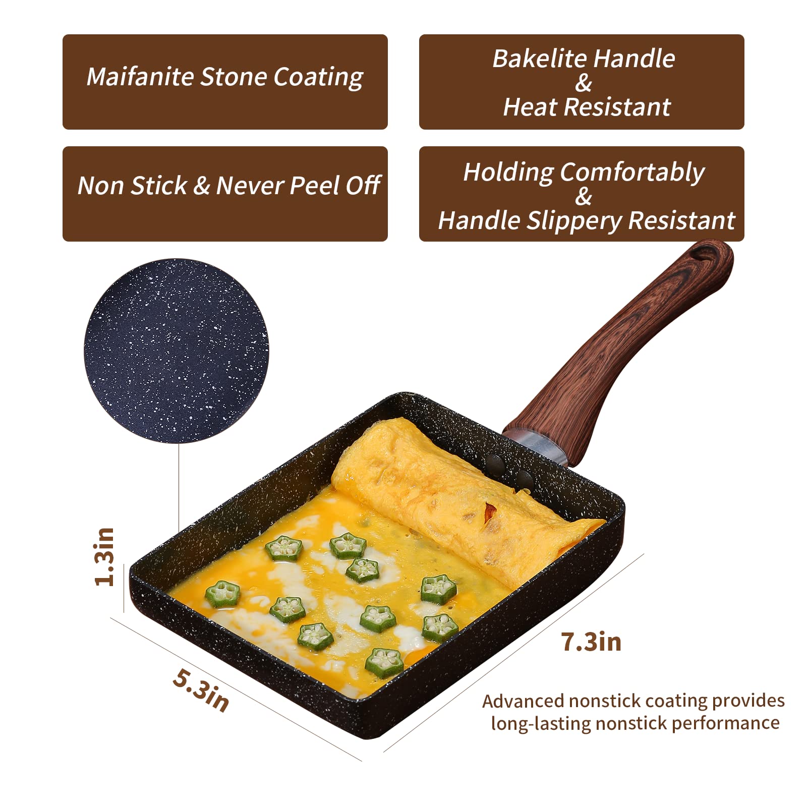 Tamagoyaki Pan Japanese Omelet Pan,Rectangle Maker Frying Pans,Japanese Tamagoyaki Pan with Silicone Brush & Spetula, Egg Pan, Gas Stove and Induction Hob, 7β x 5β,Black