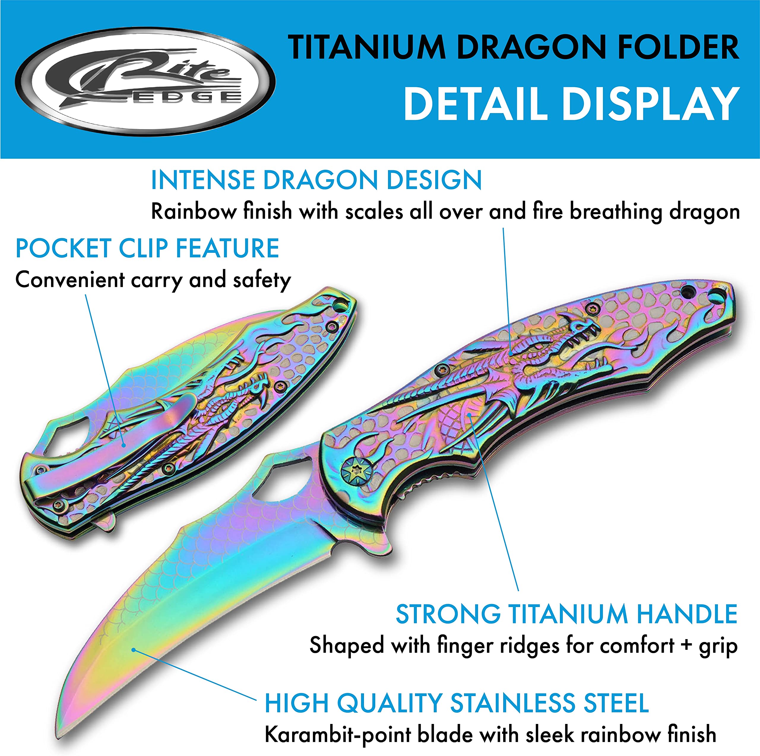 SZCO 8.5β Titanium Finished Rainbow Dragon EDC Folding Knife With Pocket Clip (300580-RB)