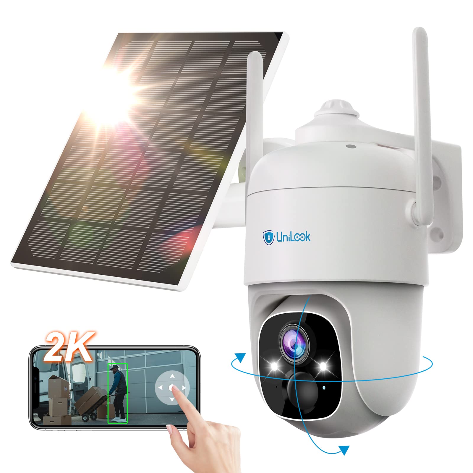 Unilook 2K Solar Wireless Security Camera Outdoor, 3MP Solar Security Cameras Wireless Outdoor Wi-Fi, 360° PTZ Solar Powered Wireless Camera, with Solar Panel & Smart AI & 2-Way Talk, Cloud/SD Storage