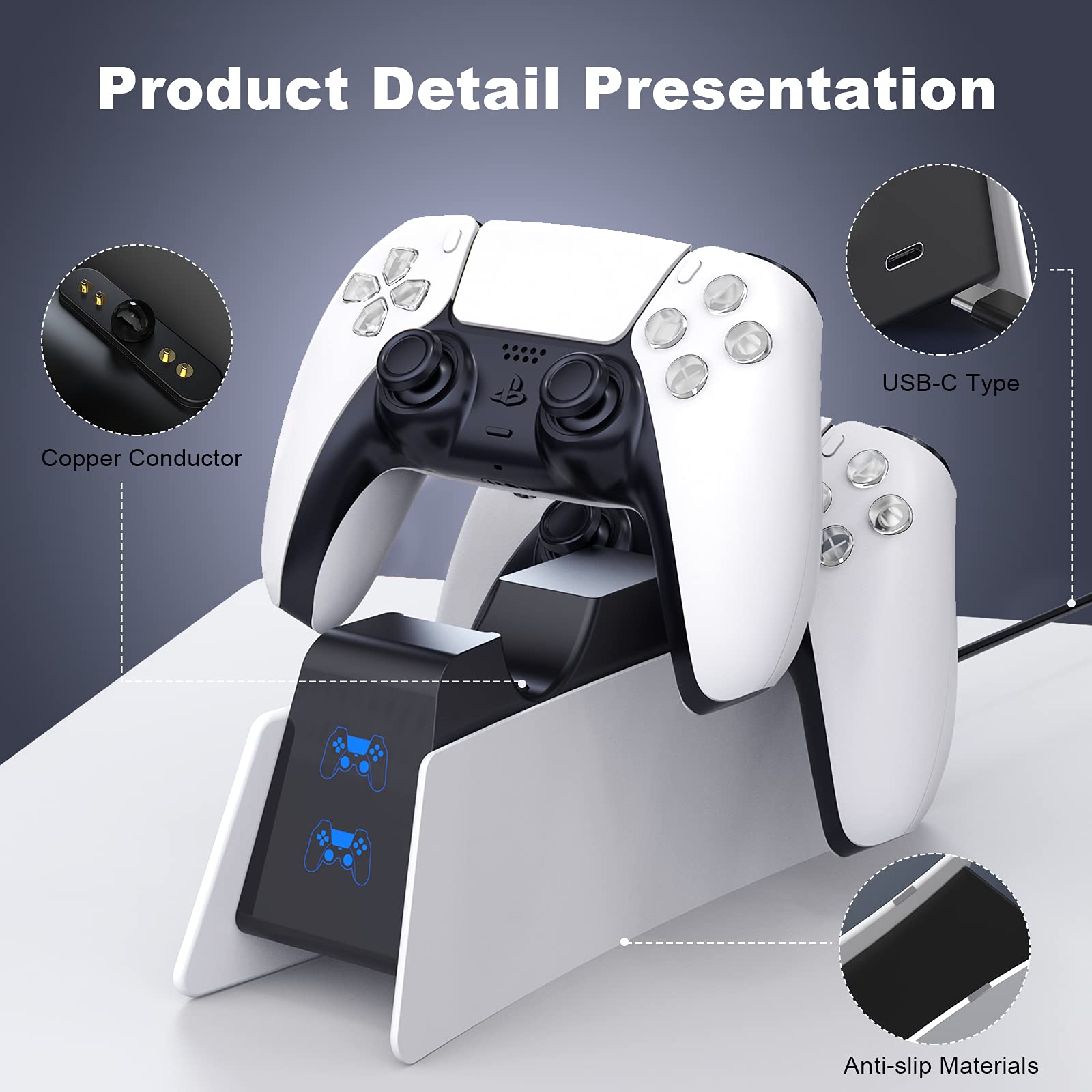PS5 Controller Charger Station with 4 Pack Thumb Grip,Dual USB Type C Fast Charging Dock with LED Light Compatible for Dual PlayStation 5 DualSense Controller