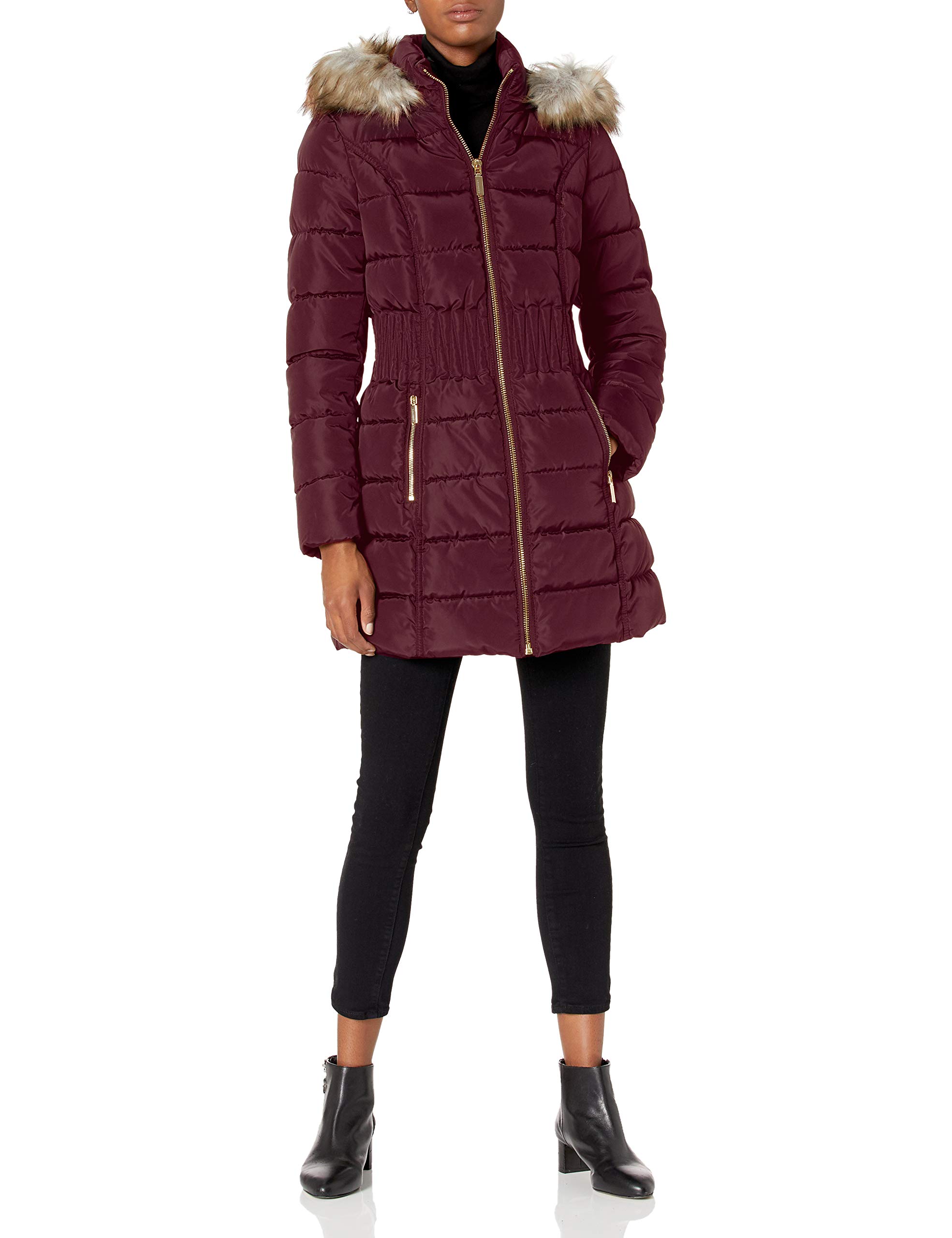Laundry By Shelli Segal Women's 3/4 Puffer Jacket with Zig Zag Cinched Waist and Faux Fur Trim Hood, Dark Olive, X-Small