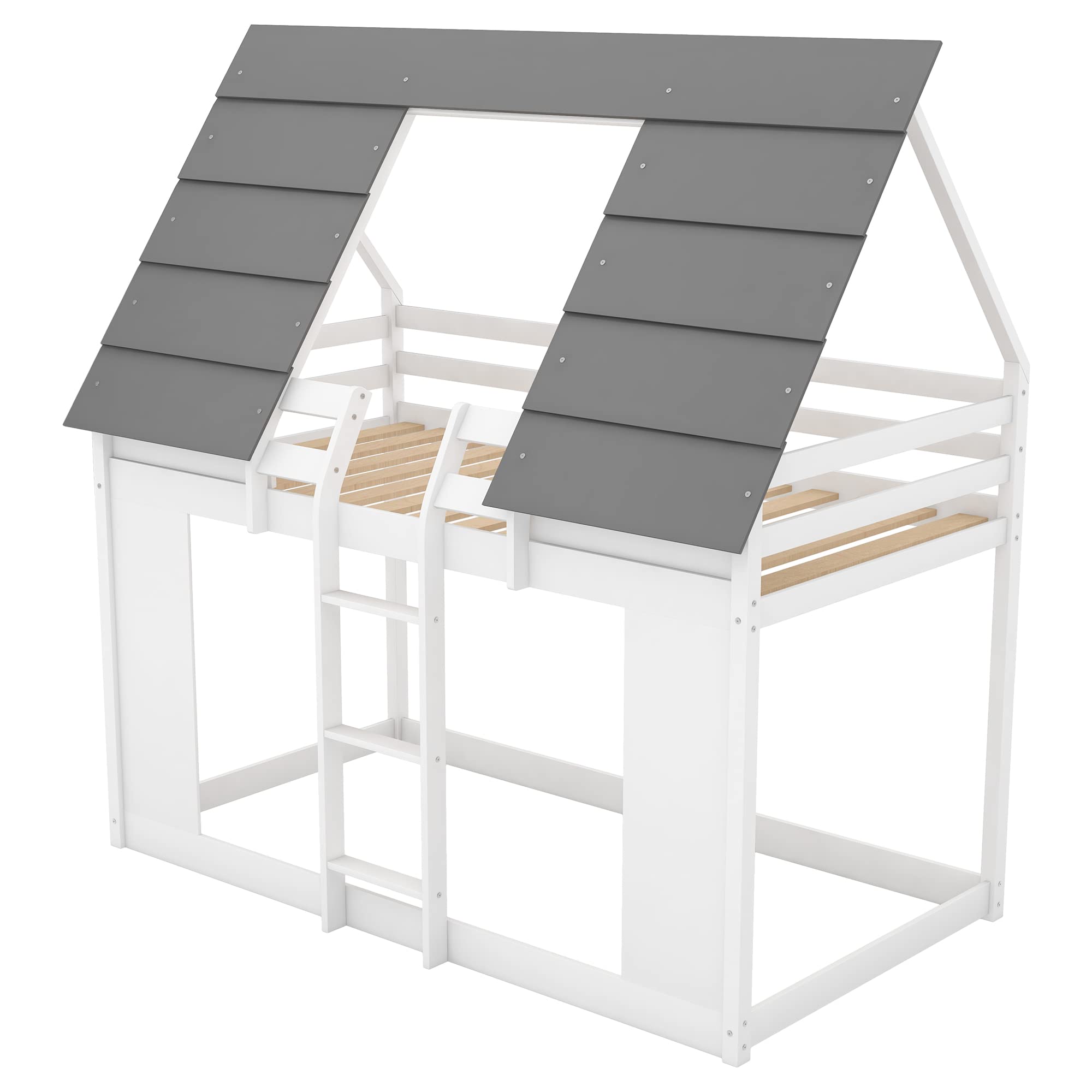 LZ LEISURE ZONE Twin Loft Bed, Low Loft Bed Twin Size, Wood Twin House Bunk Bed with Roof and Built-in Ladder, No Box Spring Needed, White+Gray