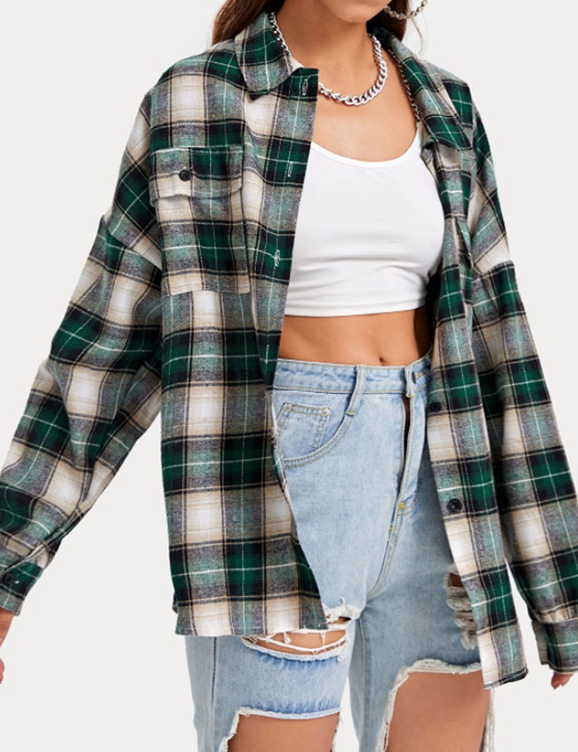 Lumister Womens' Spring Oversized Flannel Plaid Shirt Long Sleeve Drop Shoulder Lapel Button Down Shirt Blouse Tops(0075-Olive-L)