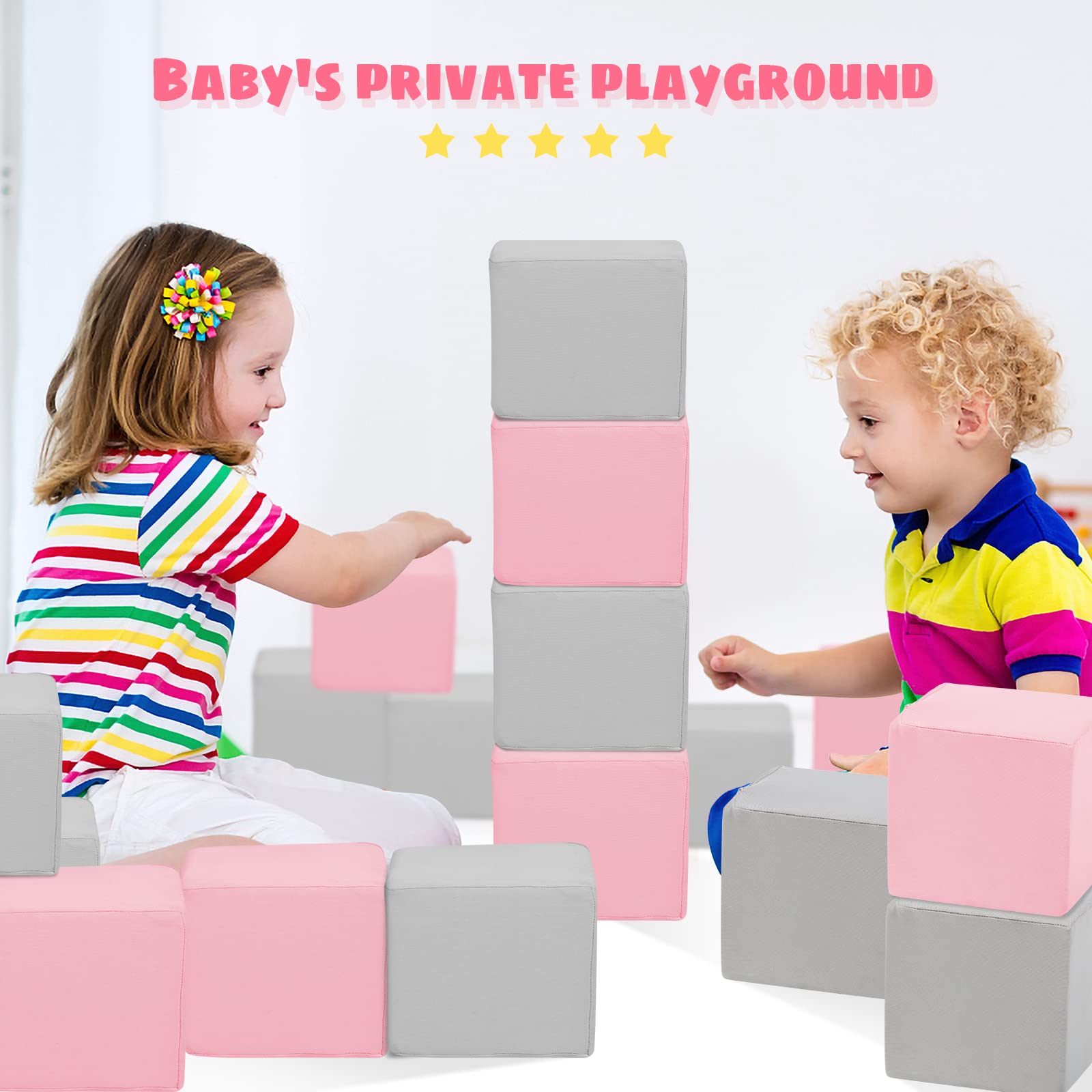TRENDBOX 6 Pcs Toddler Foam Blocks, 5.5inch Soft Foam Cubes Blocks with Detachable Washable Cover, Soft Play Blocks for Toddlers and Kid (Light Gray/Pink)…